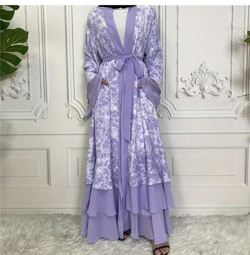 Layered Ruffle Trim Kaftan Dress Elegant Open Front Long Sleeve Maxi