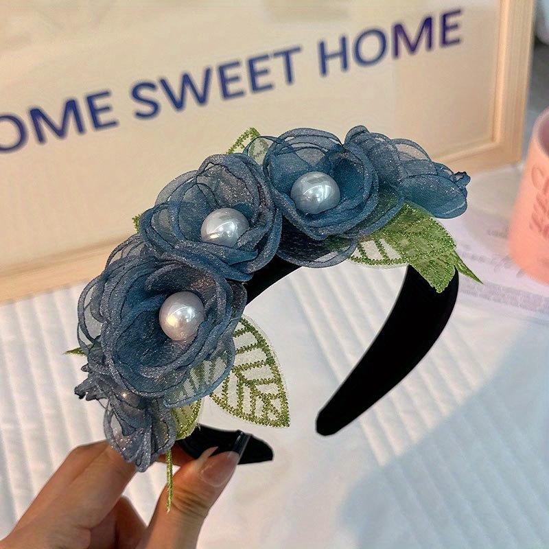 Flower Leaf Organza Decor Headband Faux Pearl Head Hoop Wide Headdress ...