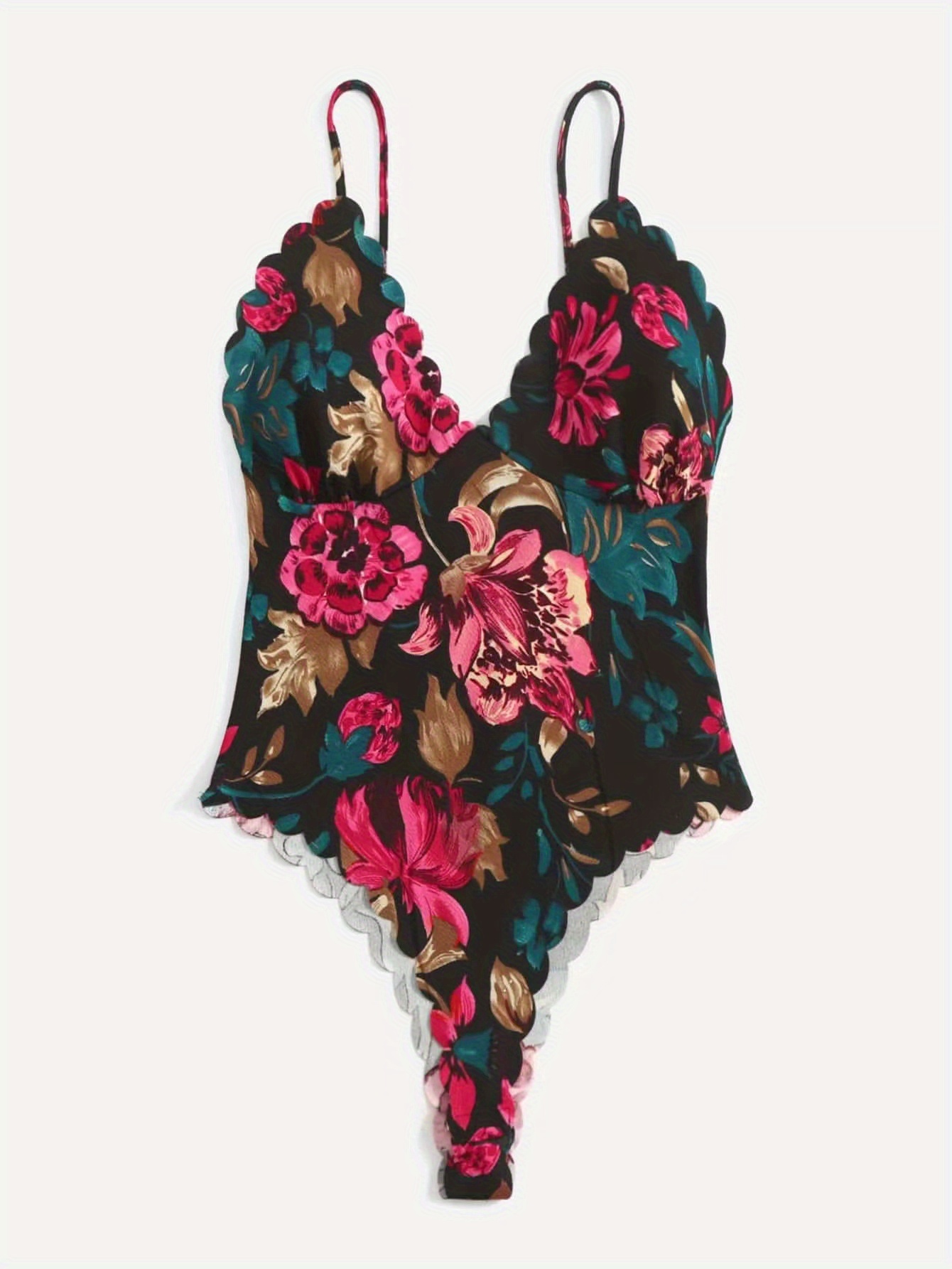 Vintage Flower Print Bodysuit Sexy Spaghetti Scallop Trim - Temu Australia
