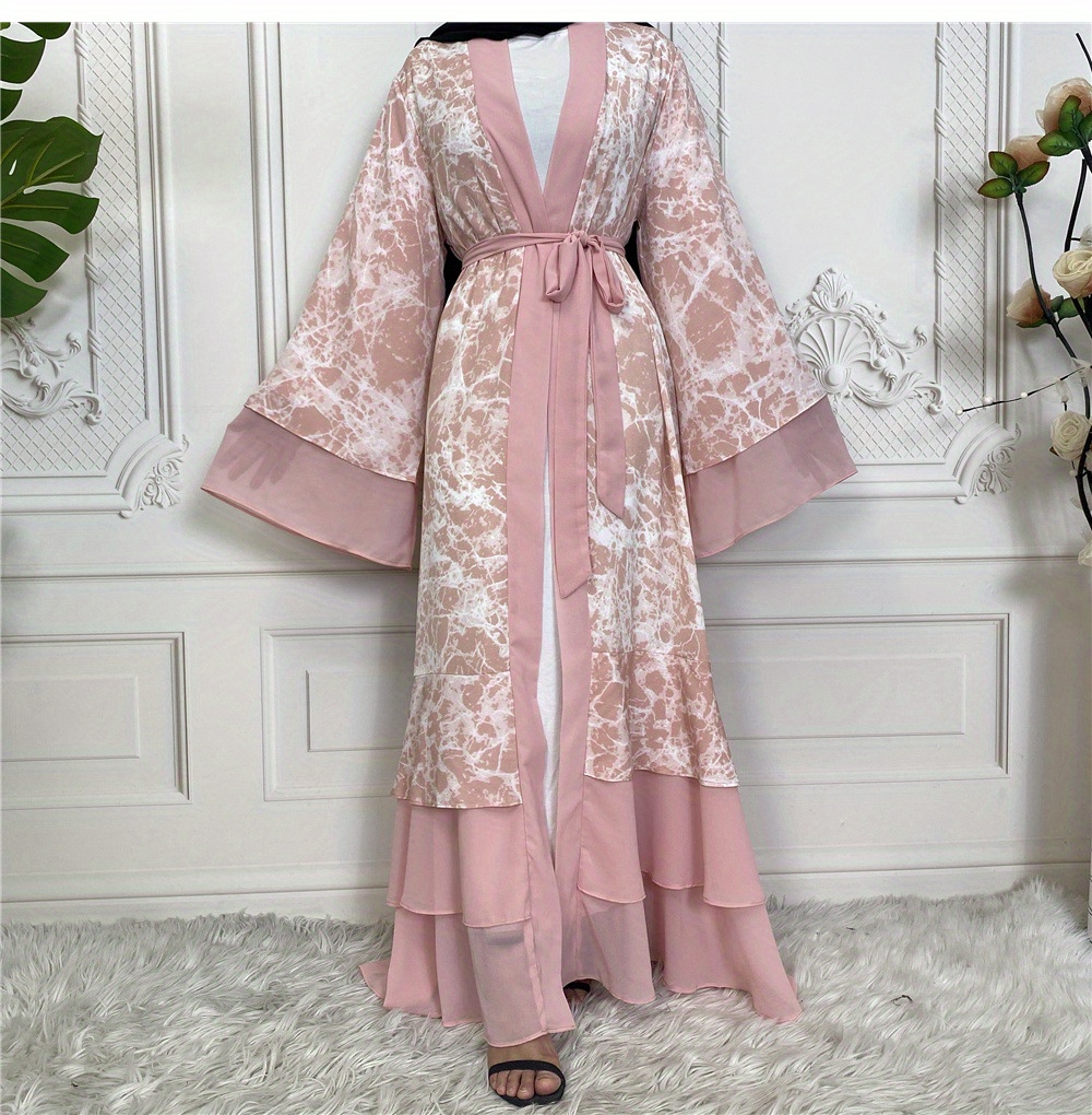 Layered Ruffle Trim Kaftan Dress Elegant Open Front Long Sleeve Maxi