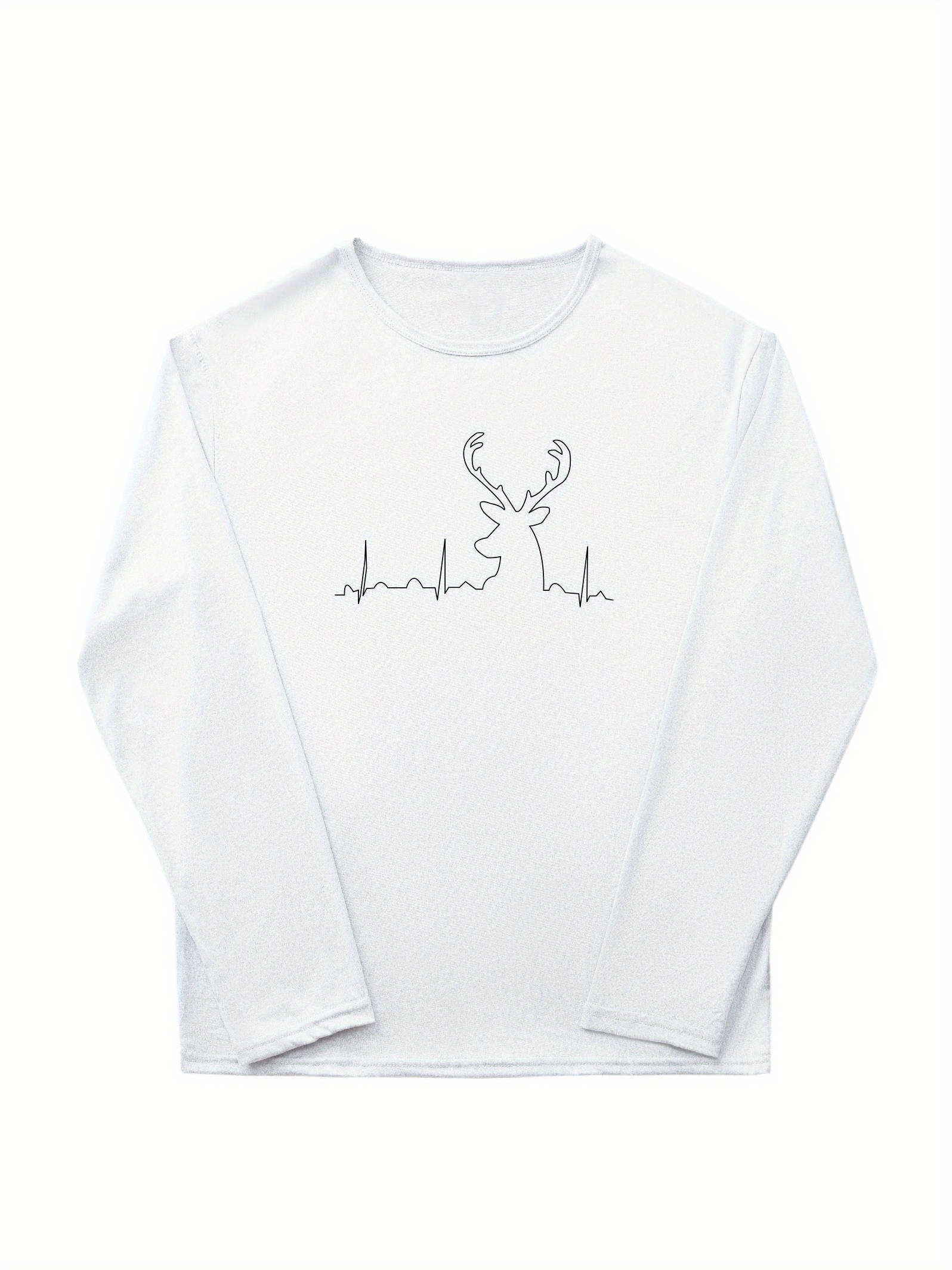 Deer Pattern Print Men's Comfy Long Sleeve T-shirt, Graphic Tee Men's ...