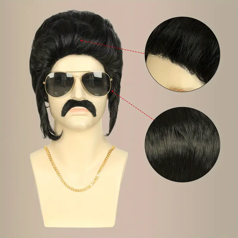 Retro Rock And Roll Wig For Men Black Synthetic Replacement Wig For Costume Party And Halloween