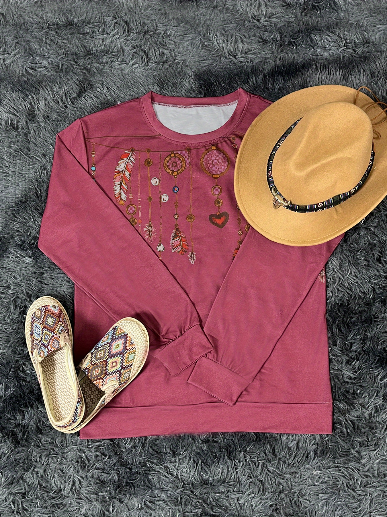 Feather Print Pullover Sweatshirt Casual Long Sleeve Crew - Temu United ...