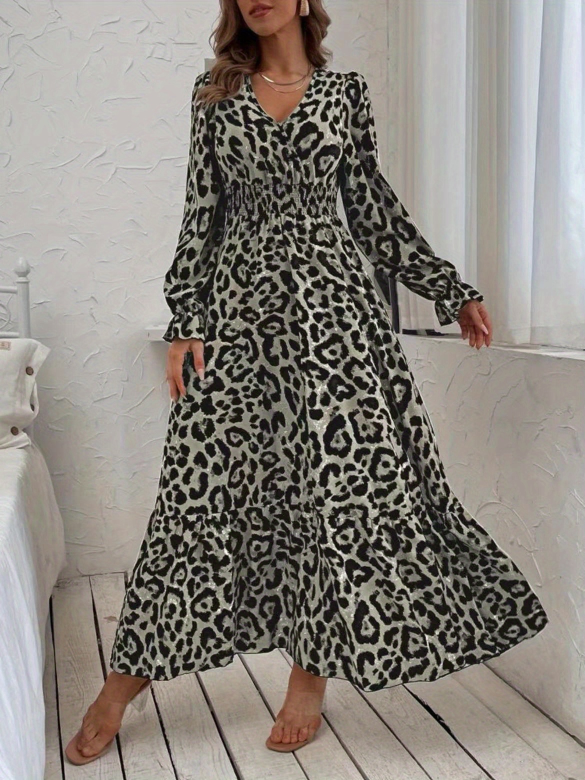 Leopard Print Lantern Sleeve Dress Casual V Neck Cinched - Temu Philippines