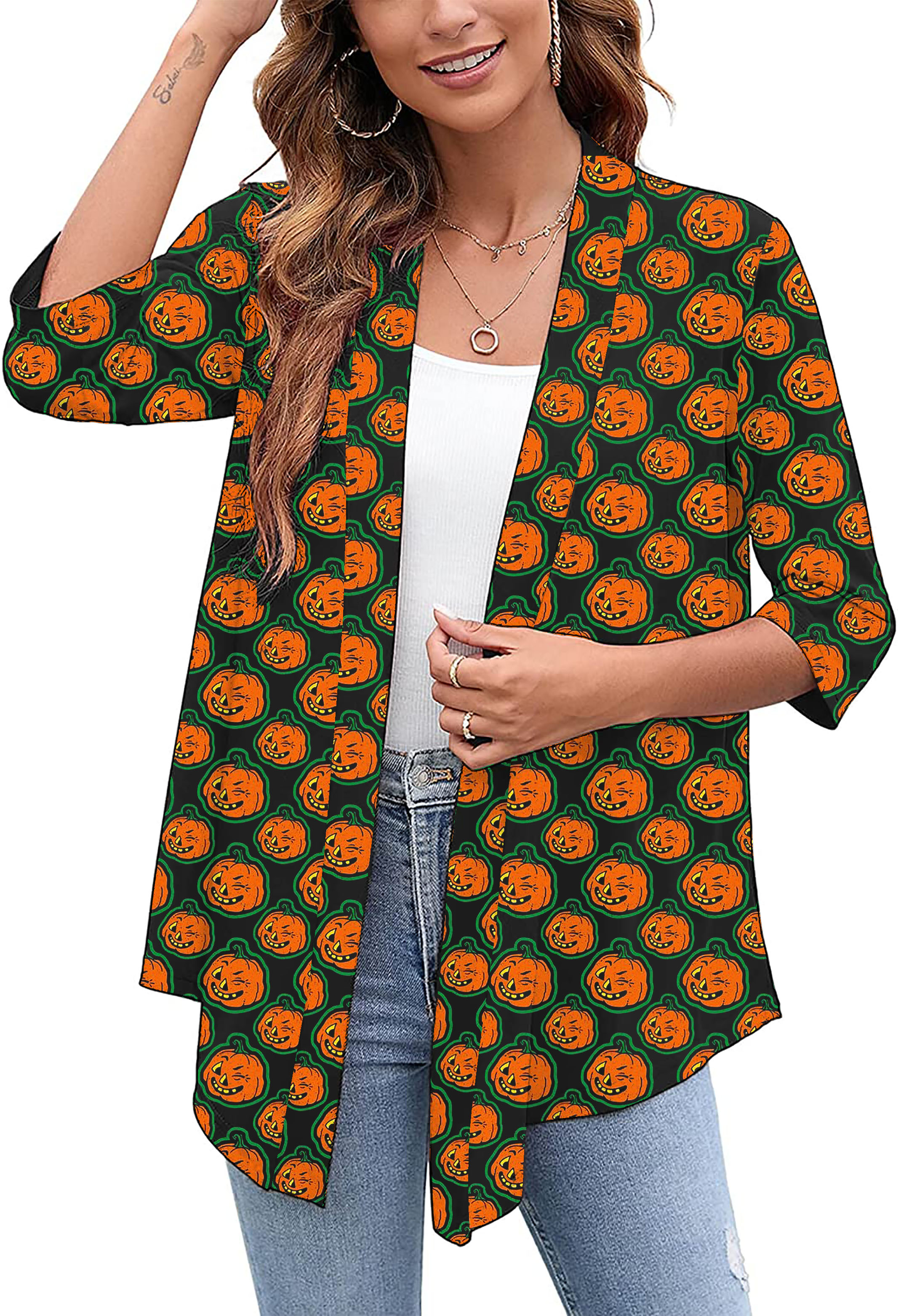 Halloween Pumpkin Print Open Front Cardigan Casual 3/4 - Temu Canada