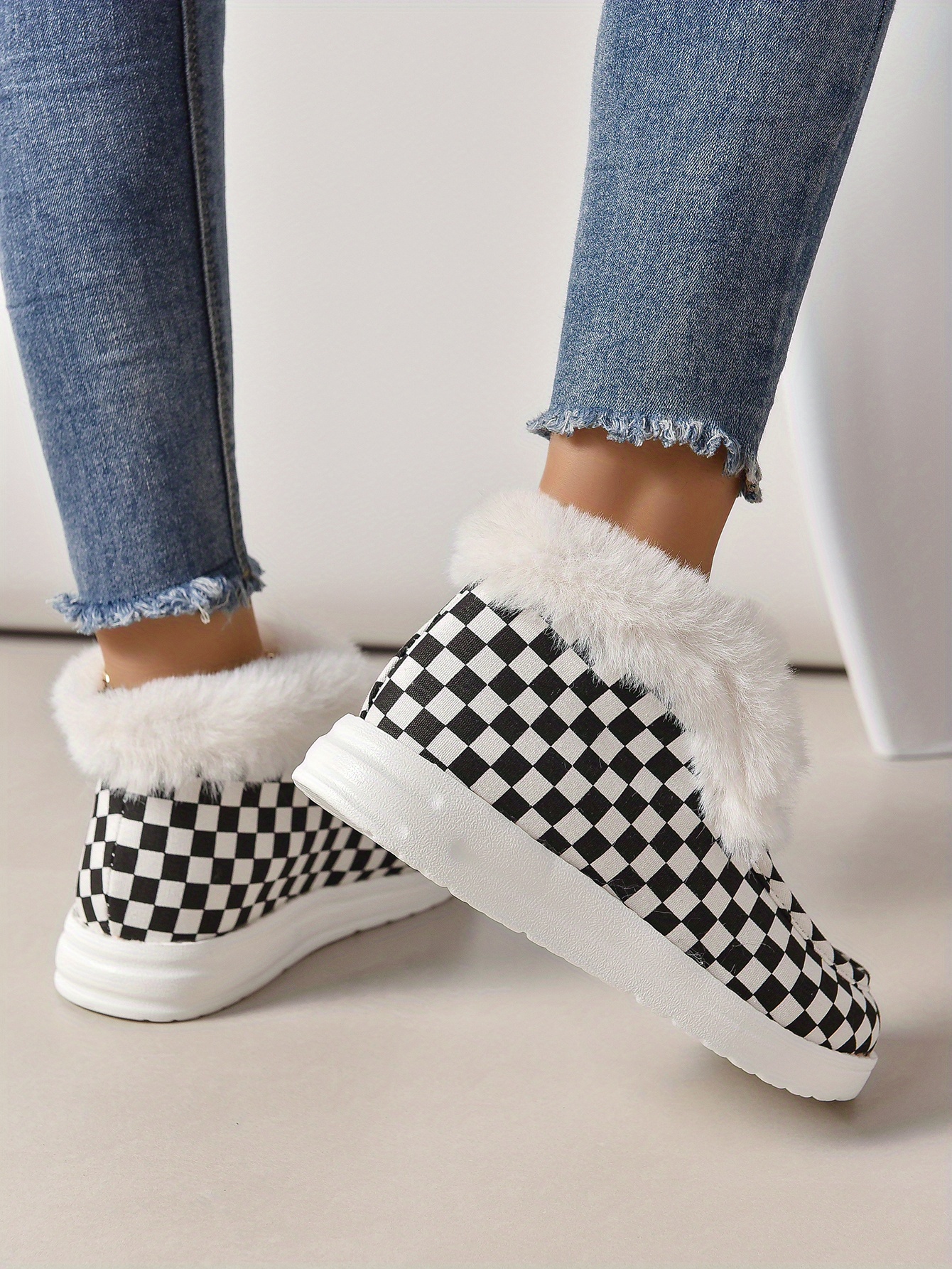 Checkerboard Pattern Fluffy Shoes Women s Slip Thermal Lined - Temu New ...