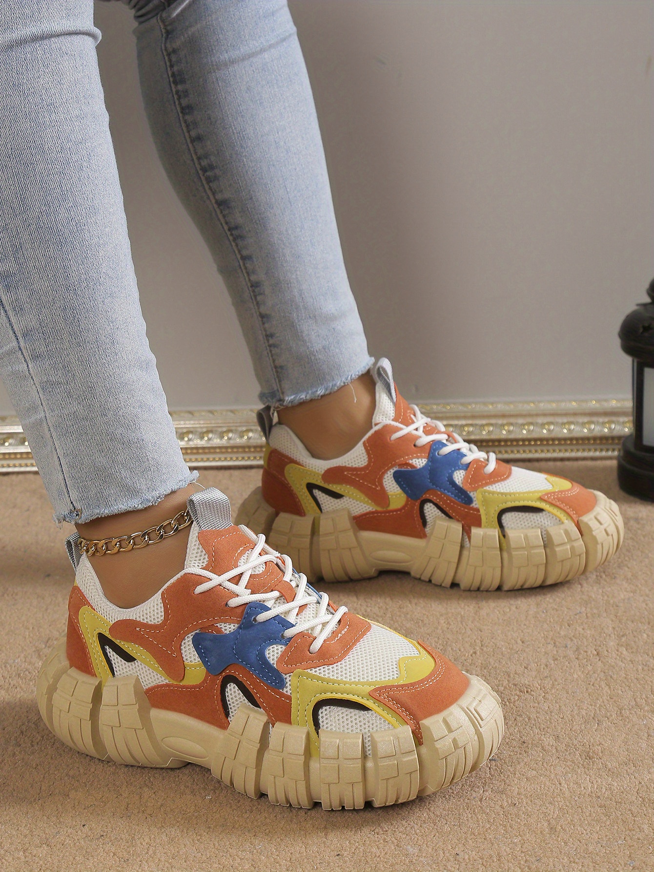 women's colorblock mesh sports shoes trendy round toe - {region_name}