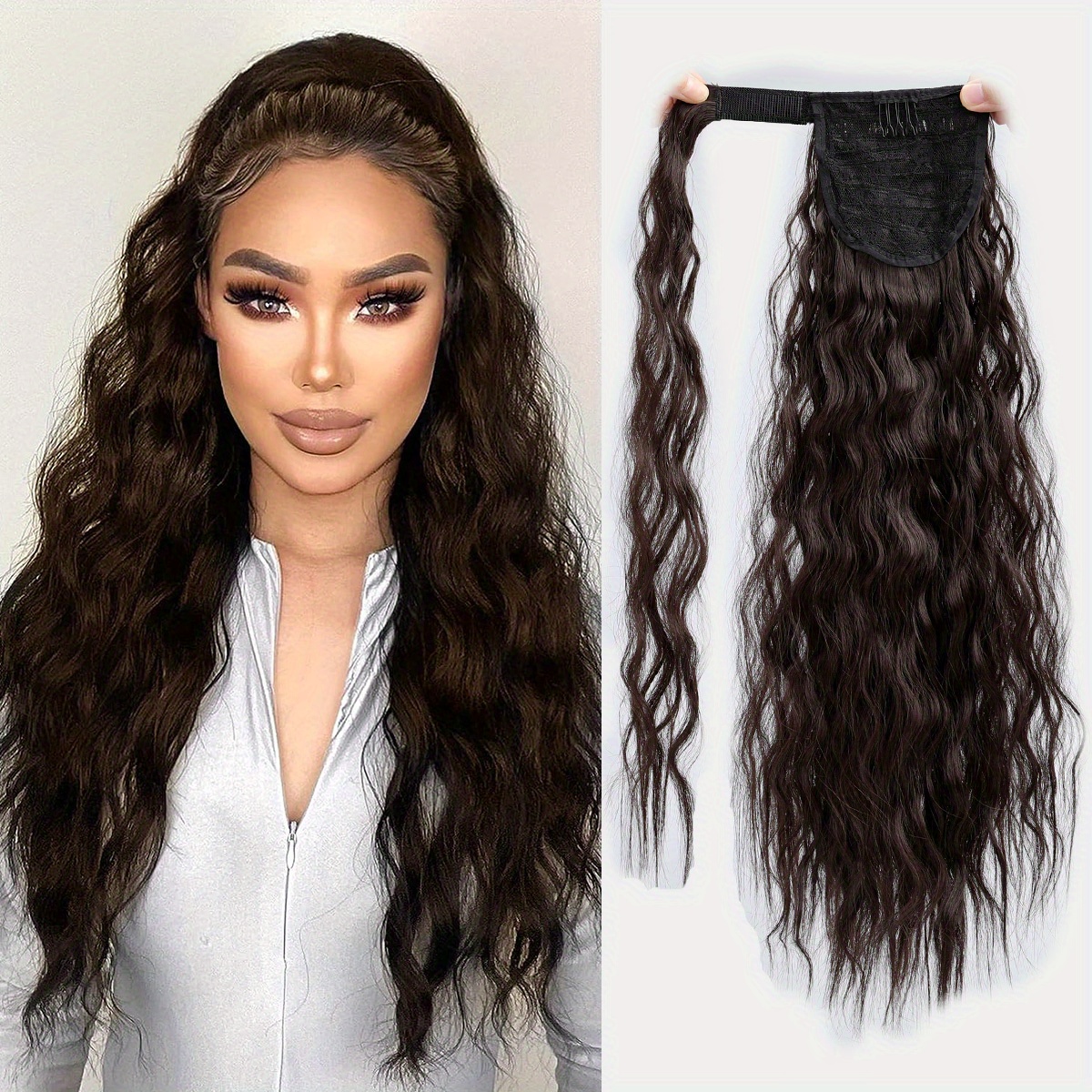 Ponytail With Hair Tie Wrapped Around Long Wavy Ponytail Extensions ...