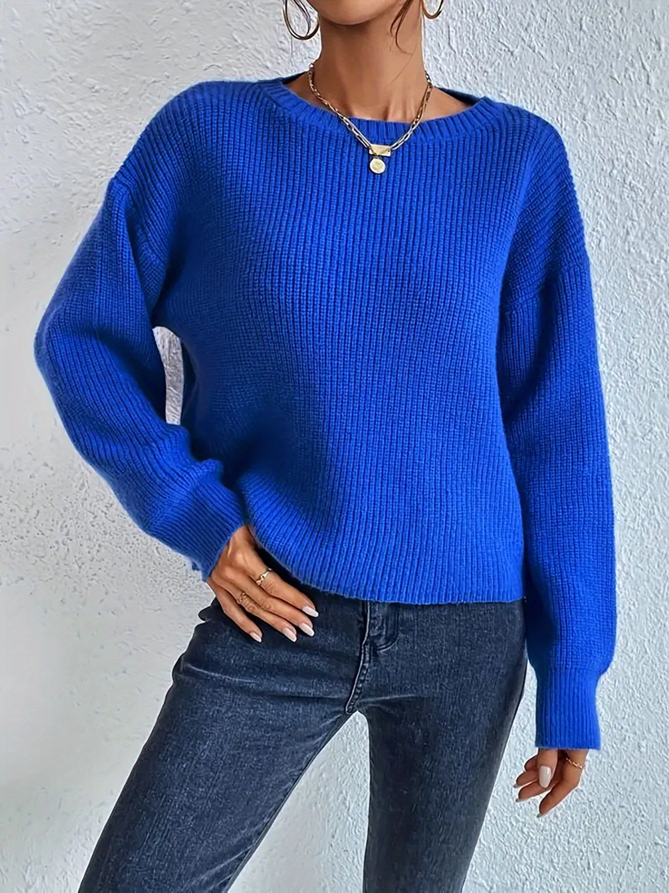 Drop Shoulder Solid Knit Sweater Casual Crew Neck Long - Temu Philippines