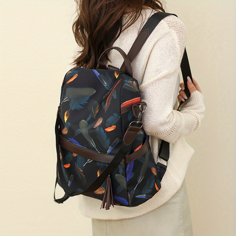 Colorful Feather Print Backpack Purse Fashion Nylon Travel - Temu ...