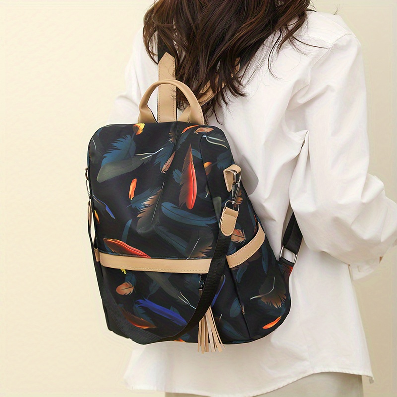 Colorful Feather Print Backpack Purse Fashion Nylon Travel - Temu ...