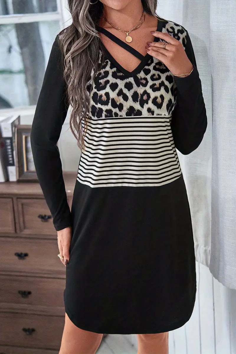 Leopard Print Splicing Dress Elegant V Neck Long Sleeve Temu United