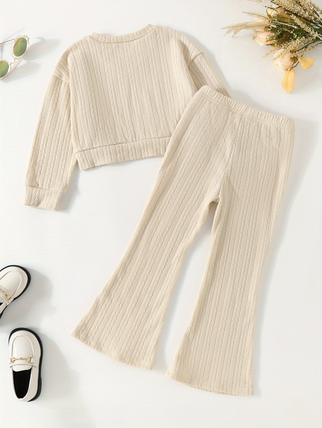 Toddler Girls Wheat Knit V Neck Top Stretchy Flare Pants Set - Temu ...