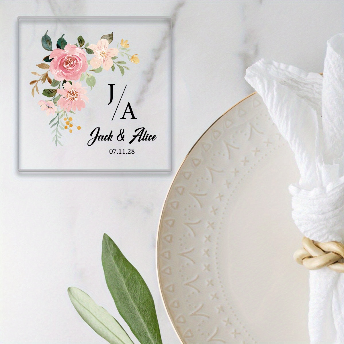 Personalized Acrylic Coaster Floral Design Custom Names Date - Temu ...