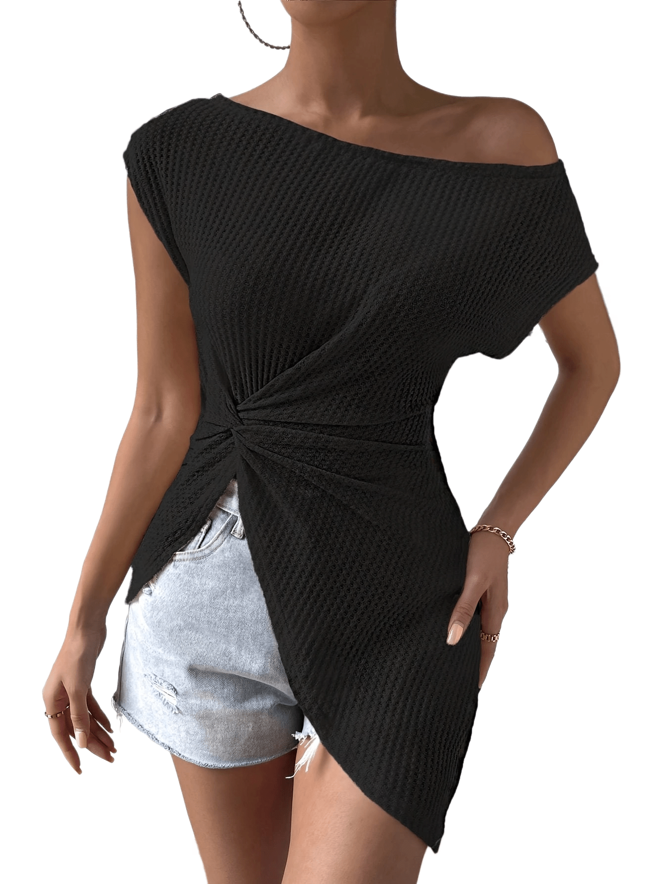 Solid Knot Front T shirt Casual Slant Shoulder Top Spring - Temu United ...