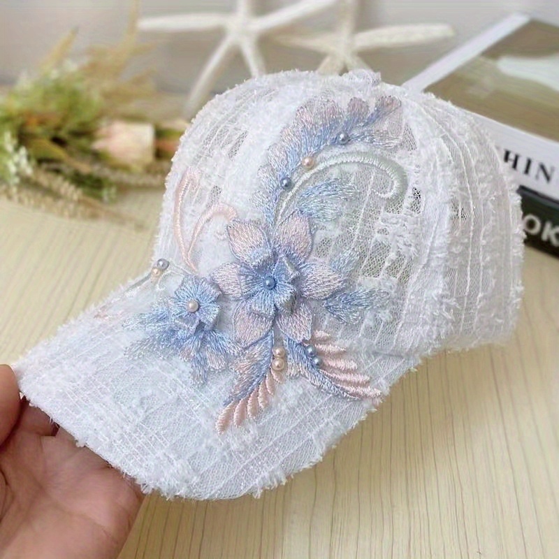 Flower Embroidery Lace Baseball Cap Pearl Decor Elegant - Temu Netherlands
