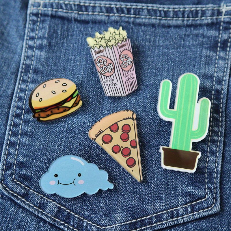 A Cute Acrylic Brooch Cartoon Hamburger Pizza Cactus Popcorn - Temu New ...