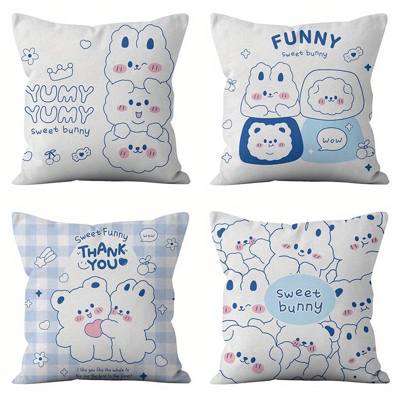 Throw Pillowcase Cartoon Rabbit Blue Print Throw Pillow - Temu New Zealand