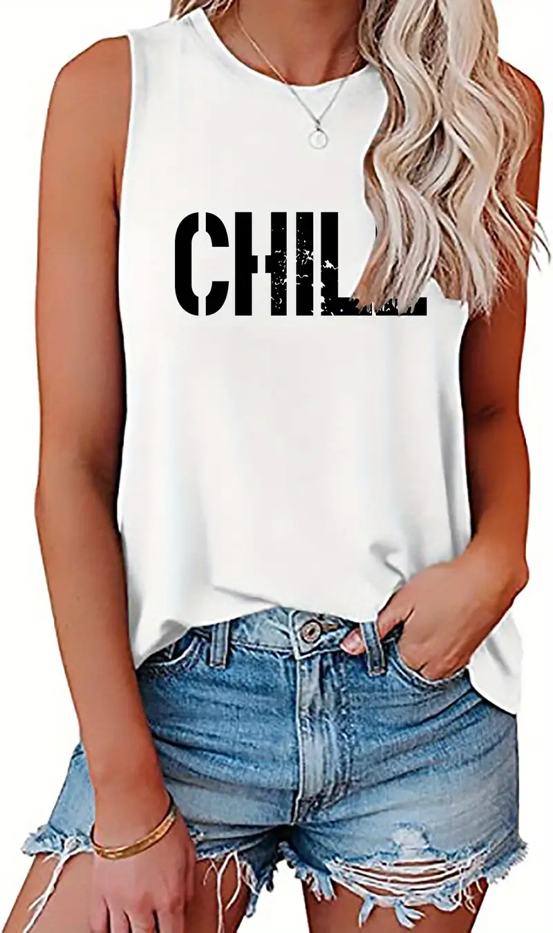 Letter Print Crew Neck Tank Top Casual Versatile Sleeveless Temu