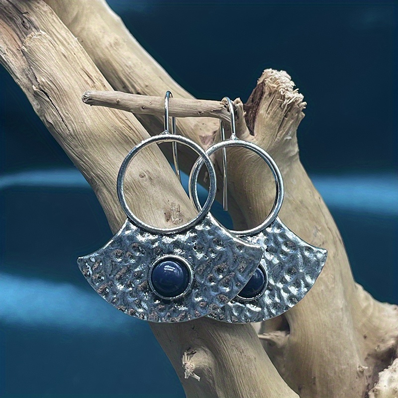 Boho Retro Style Silvery Axe Design With Round Blue Synthetic Gems ...