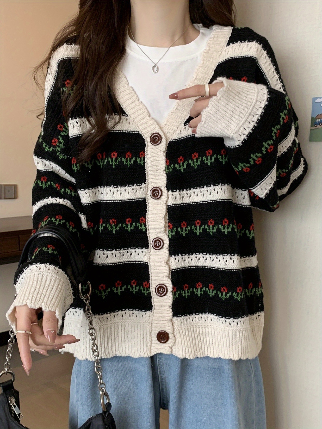 Floral Print Knit Cardigan Casual Button Front V Neck Long - Temu Australia