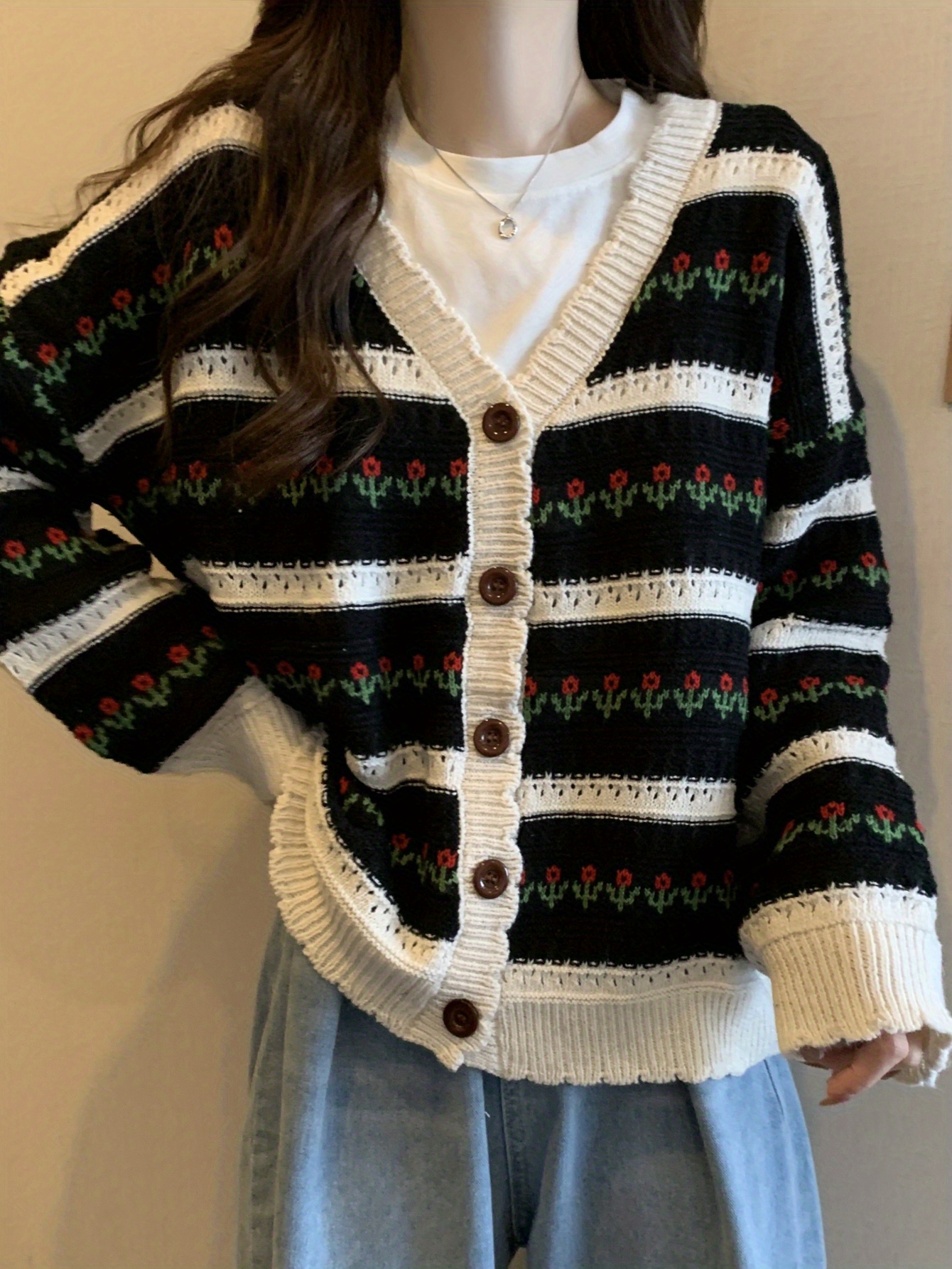 Floral Print Knit Cardigan Casual Button Front V Neck Long - Temu Australia