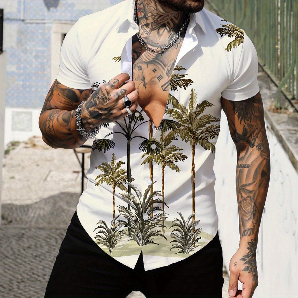 coconut tree print men's casual short sleeve hawaiian shirt - Temu Norway