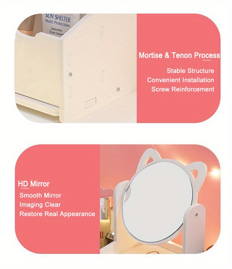 360° Rotating Large Capacity Cat Ears Makeup Mirror Storage - Temu