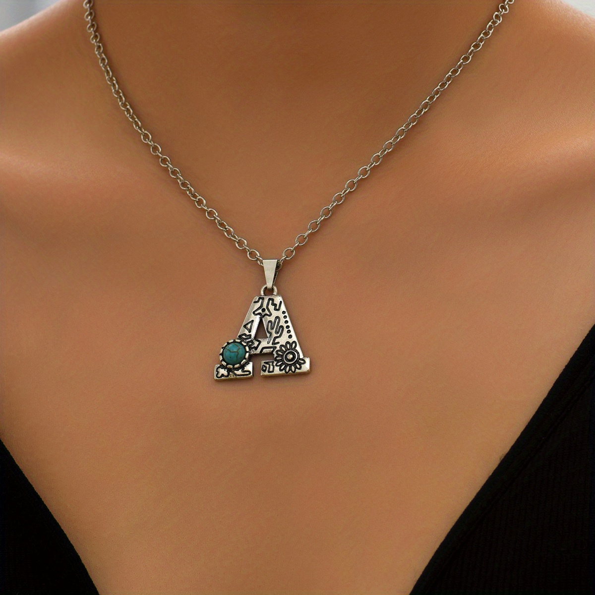 Vintage Engraved Turquoise Letter A Pendant Necklace Silver Plated ...