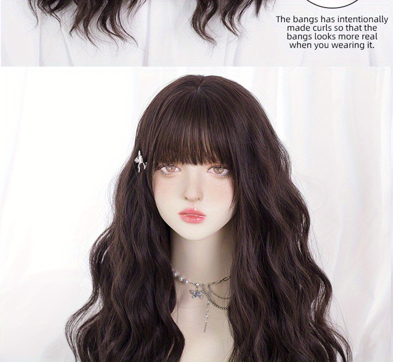 Synthetic Long Water Wave Hair Wigs Bangs Women Synthetic - Temu