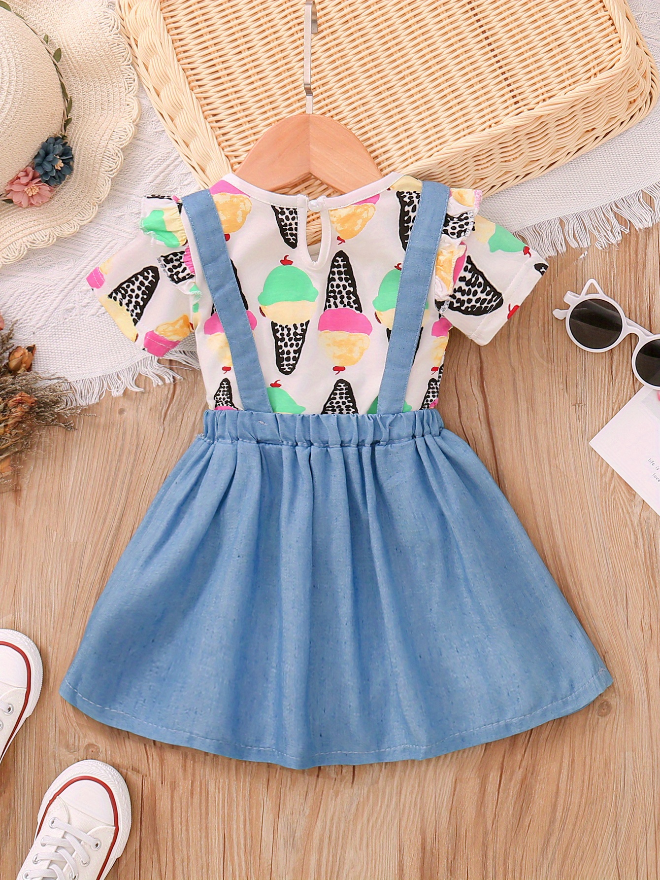 Toddler Cream Crew Neck Tie Back Denim Suspender - Temu Netherlands