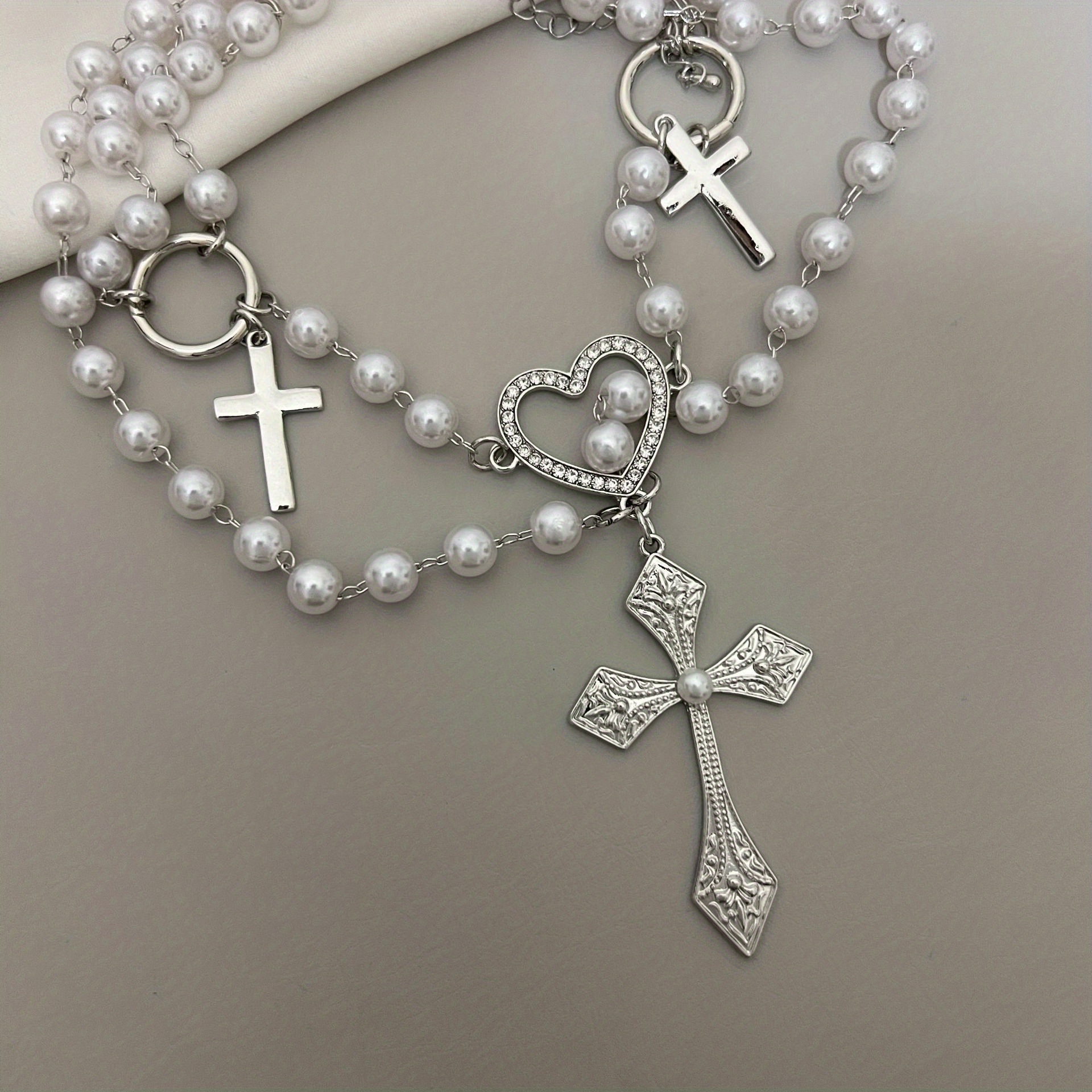 Y2k Style Multilayer Faux Pearl Beaded Cross Collarbone - Temu