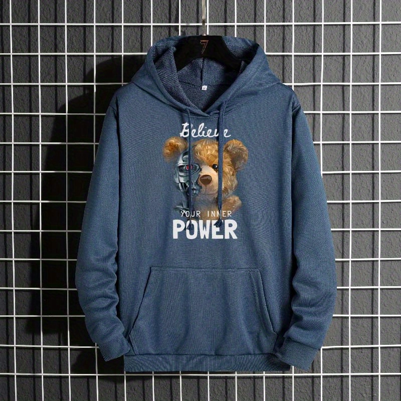 Power Bear Print Long Sleeve Men's Casual Hoodie Drawstring - Temu United Kingdom