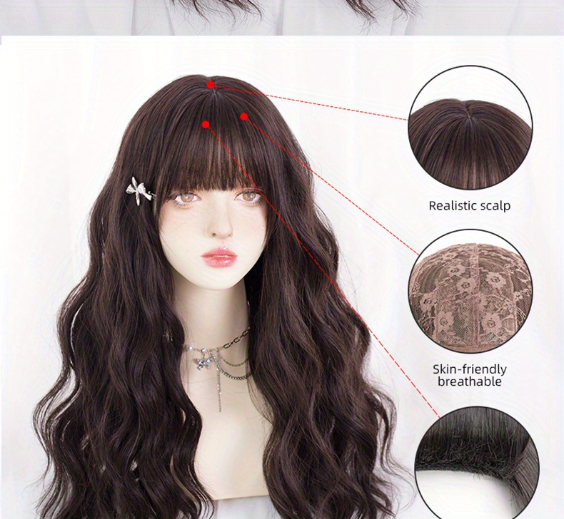 Synthetic Long Water Wave Hair Wigs Bangs Women Synthetic - Temu