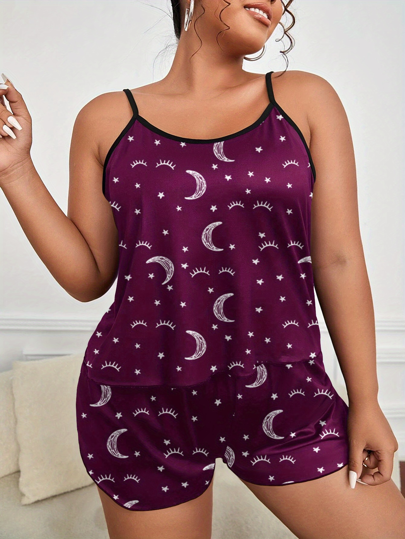Casual Pajamas Set Plus Size Women s Plus Moon Eyelash Print - Temu Canada