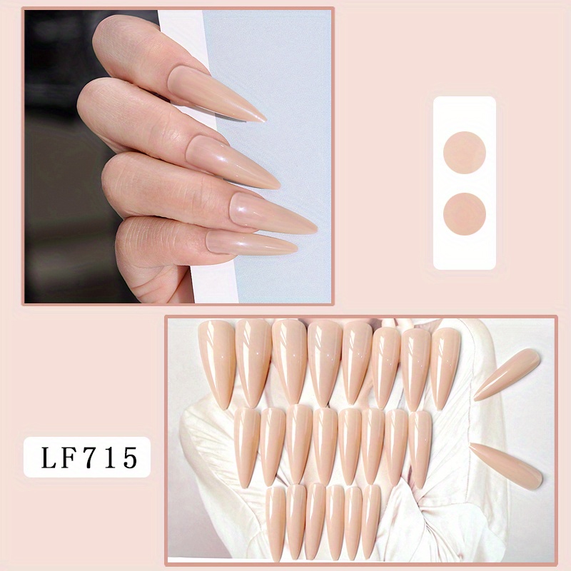 24pcs Nude Press On Nails Long Stiletto Fake Nails Glossy Full Cover ...