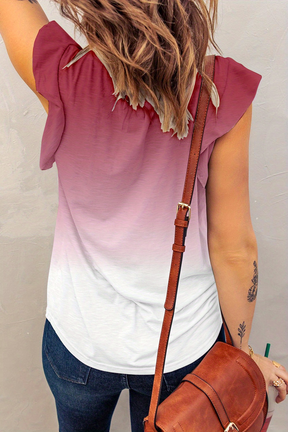 ombre print notched neck t shirt ruffle trim casual top - {region_name}