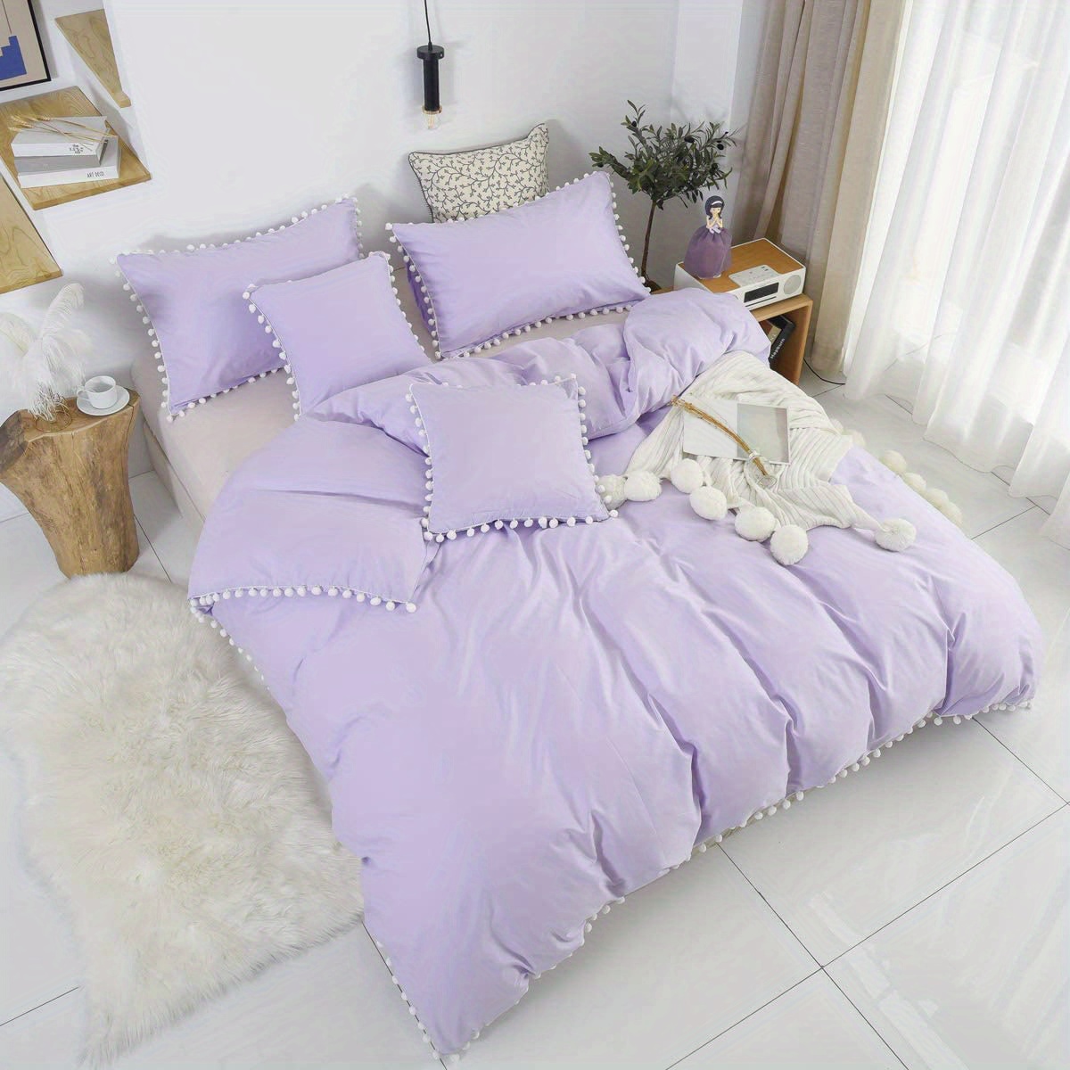 3pcs Duvet Cover Set Boho Purple White Pom Fringe Bedding Set Soft ...