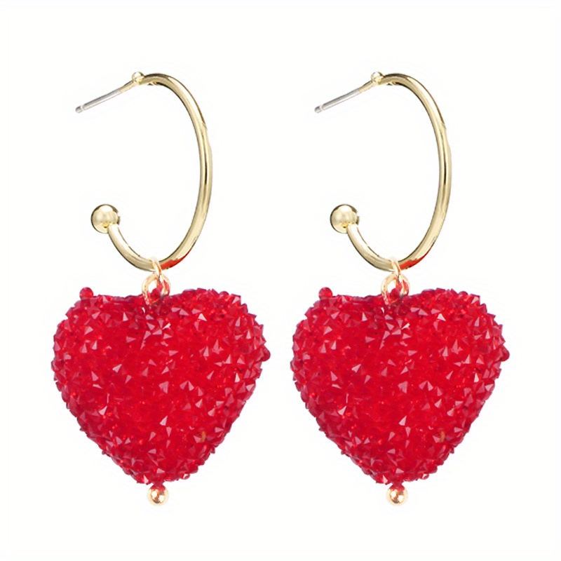 Red Heart Full Rhinestone Decor Dangle Earrings - Temu Australia