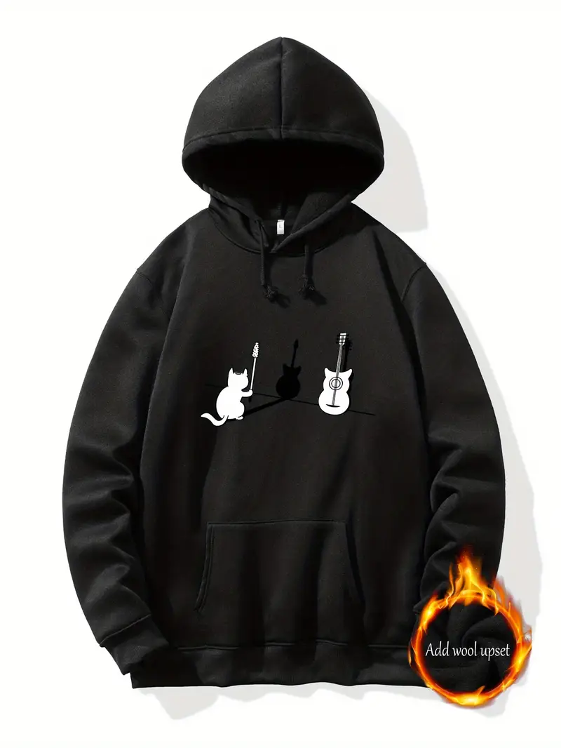 Cat Guitar Print Long Sleeve Mens Casual Hoodie Drawstring Regionname