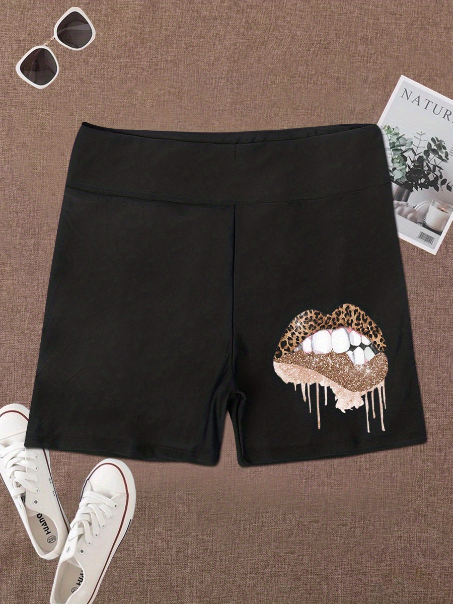 Lips Print Summer Biker Shorts High Waist Casual - Temu Australia