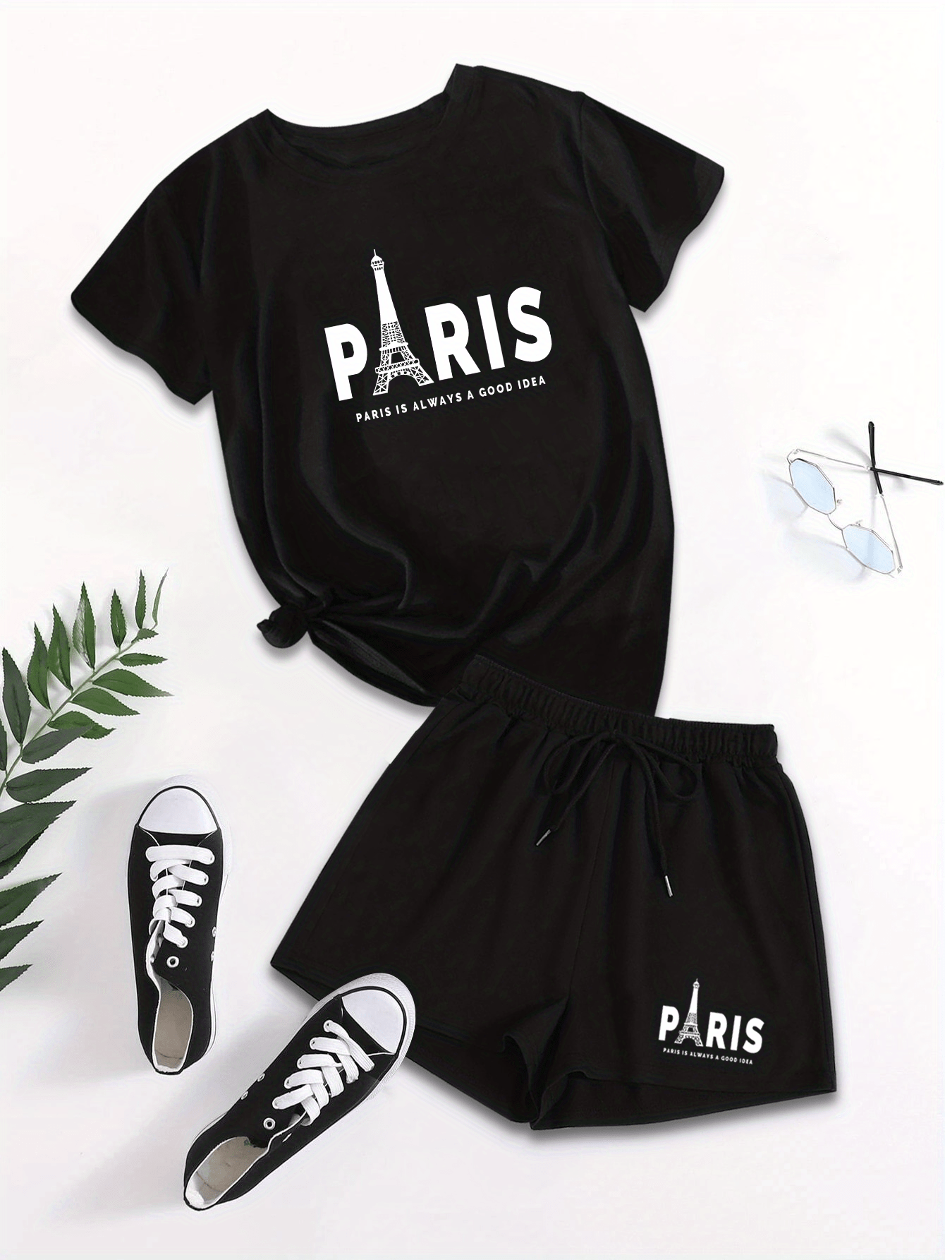 Paris Letter Print Two piece Set Casual Short Sleeve T shirt - Temu ...