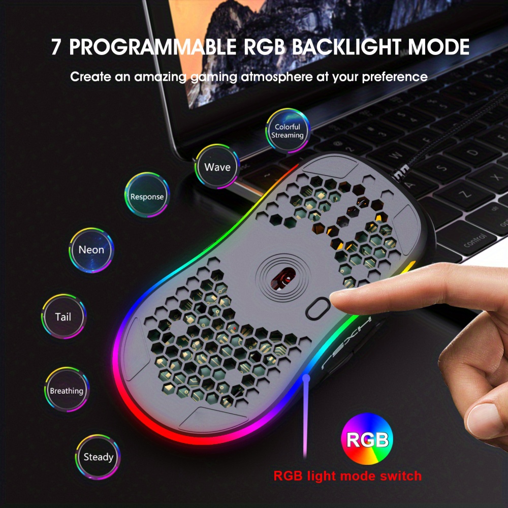 Hxsj 유선 Usb 게임 마우스 Rgb 8000dpi 조절 가능한 셀룰러 홀 디자인 광학 마우스 플러그 앤 플레이 오피스 게임