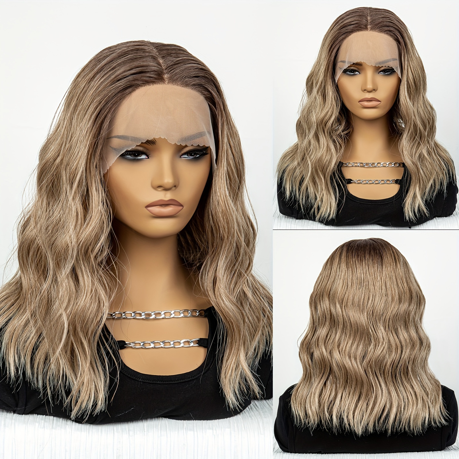 40 64 Cm Ombre Blonde Bob Wavy Wigs For Women T Part Lace Front Middle ...
