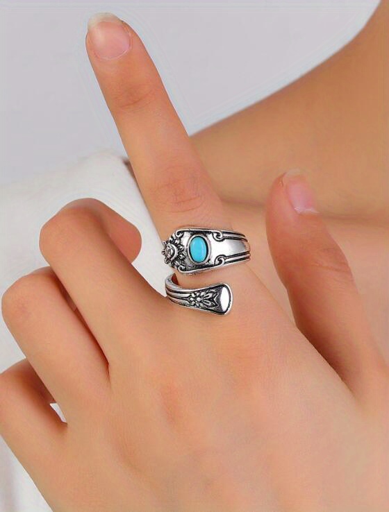 Vintage Flower Carved Turquoise Statement Open Ring Boho - Temu New Zealand