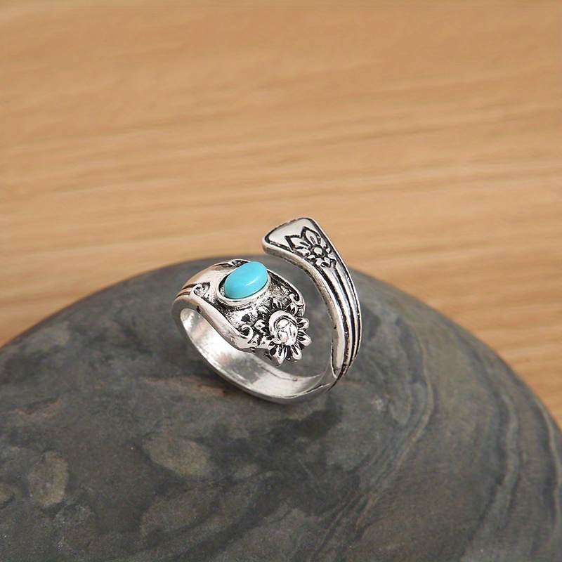 Vintage Flower Carved Turquoise Statement Open Ring Boho - Temu New Zealand