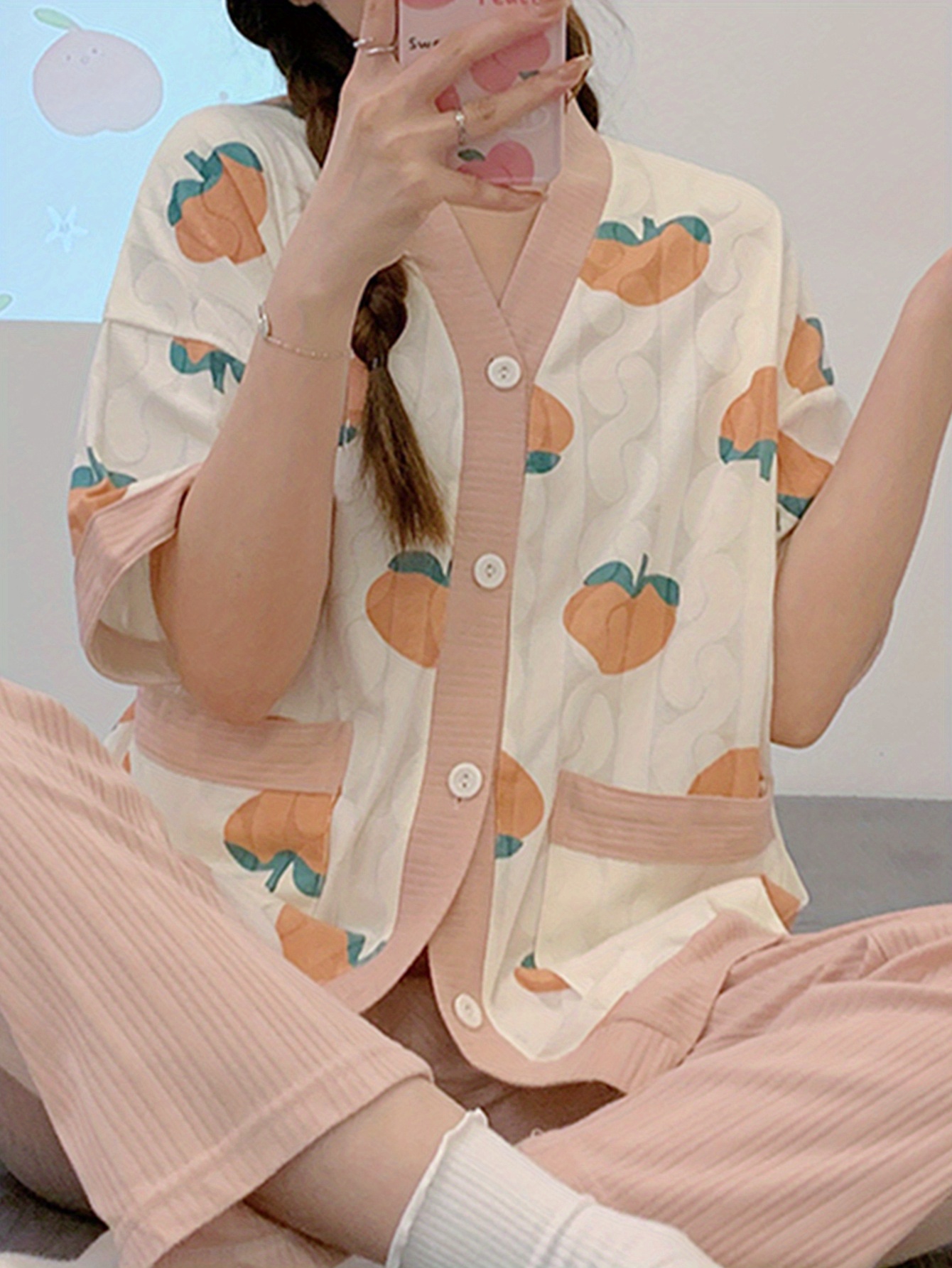 Cute Fruit Print Pajama Set Short Sleeve Buttons Top Lounge - Temu