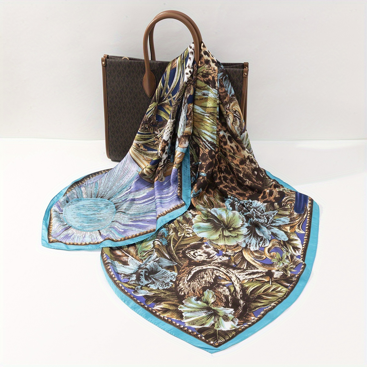leopard artwork print bandana square scarf silky blue flower - Temu New ...
