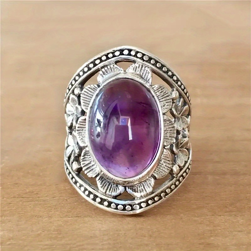 Vintage Hollow Flower Ring Inlaid Purple Crystal Ring Men's - Temu ...