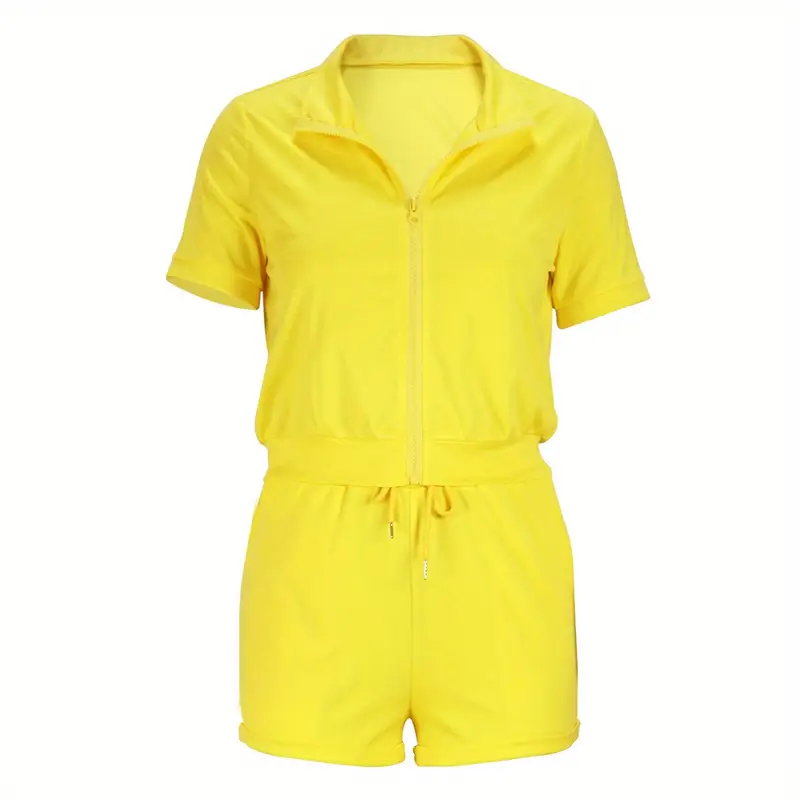 Casual Solid Two Piece Set Short Sleeve Zip Top Elastic Temu